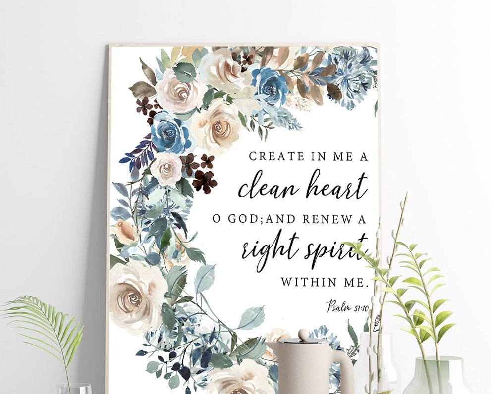 Psalm Clean Heart Bible Verse Wall Art Poster Floral Print ...